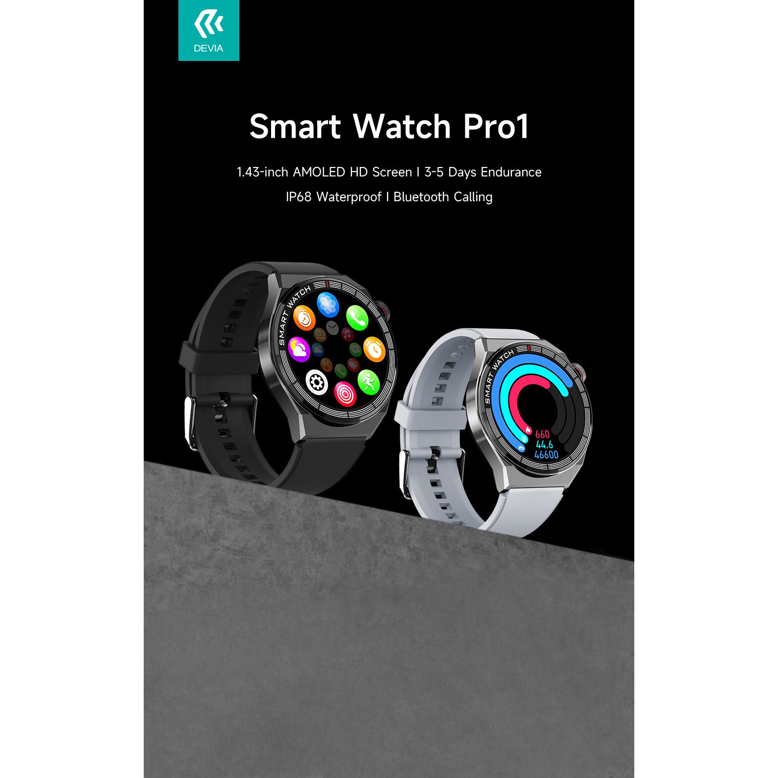 Смарт часовник DEVIA Smart Watch Pro 1, черен - eMAG.bg