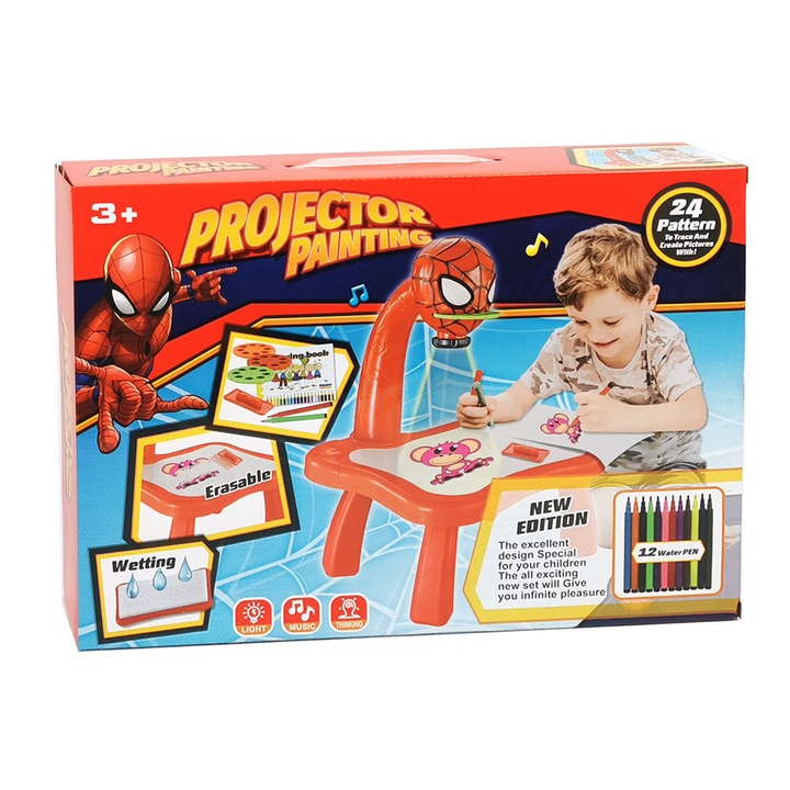 Proiector pentru copii, Cu masa si pixuri, Spider-Man, Multicolor - eMAG.ro