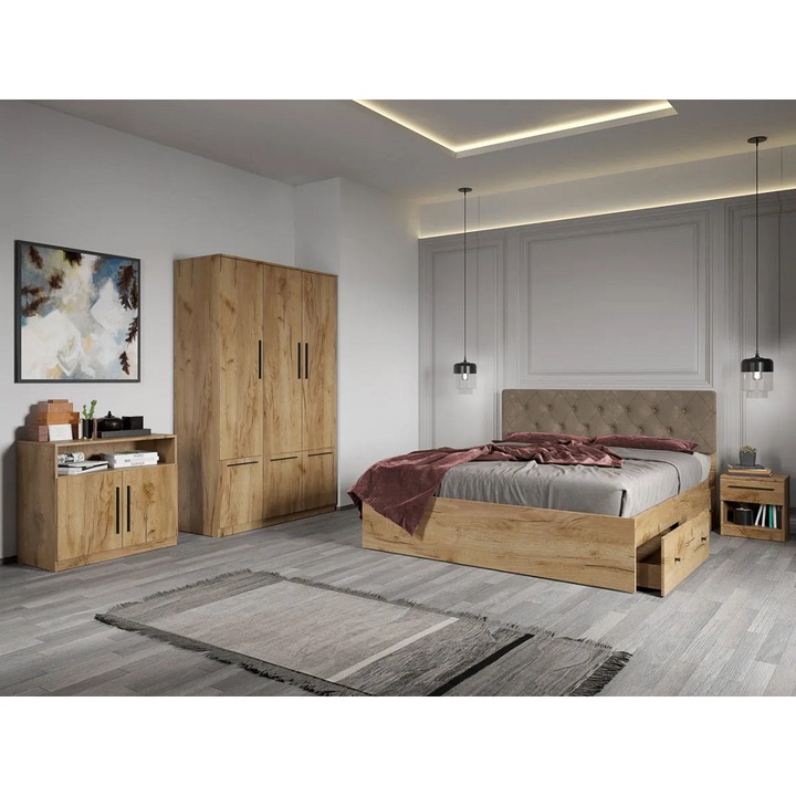Set dormitor complet, Stejar Auriu cu comoda, Madrid, C02, Pal ...