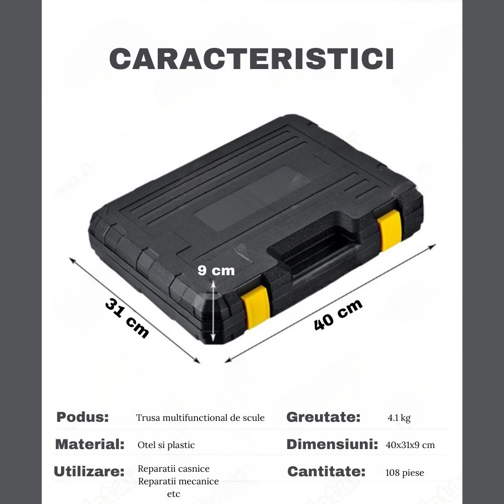Trusa de scule pentru uz casnic, 108 piese, otel crome-vanadium de ...