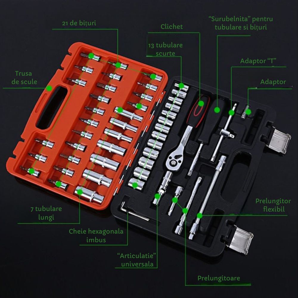 Trusa de Scule Mecanica Profesionala - 53 de Piese, Chei Crom-Vanadium ...