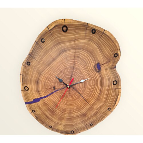 Ceas rustic de perete din lemn de salcam si rasina epoxidica mov 41 x ...
