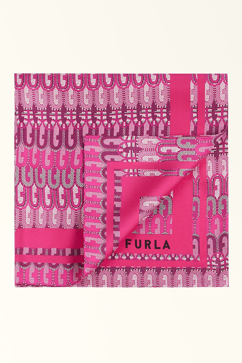 Furla, Esarfa cu monograma Primula Carre', Fucsia, Roz zmeuriu, Alb ...
