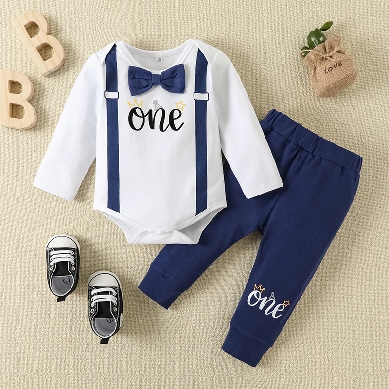 Set aniversar 1 an, body alb maneca lunga cu papion, pantaloni lungi ...