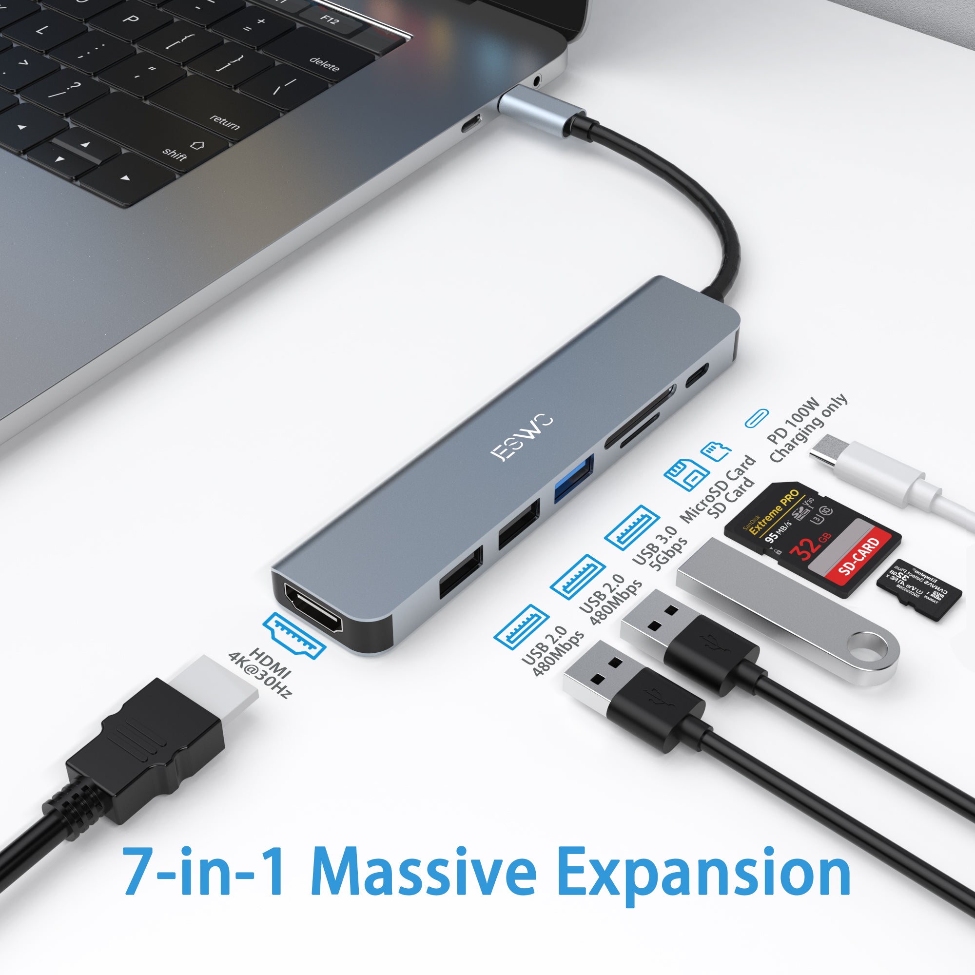 Hub USB-C, Jeswo, 7 in 1, USB-C/USB/HDMI/SD/TF, 100W, Gri - eMAG.ro