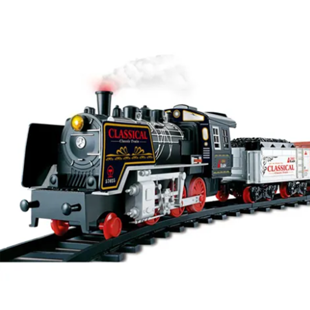 Set Tren electric cu locomotica vintage, un vagon, sunete si lumini ...