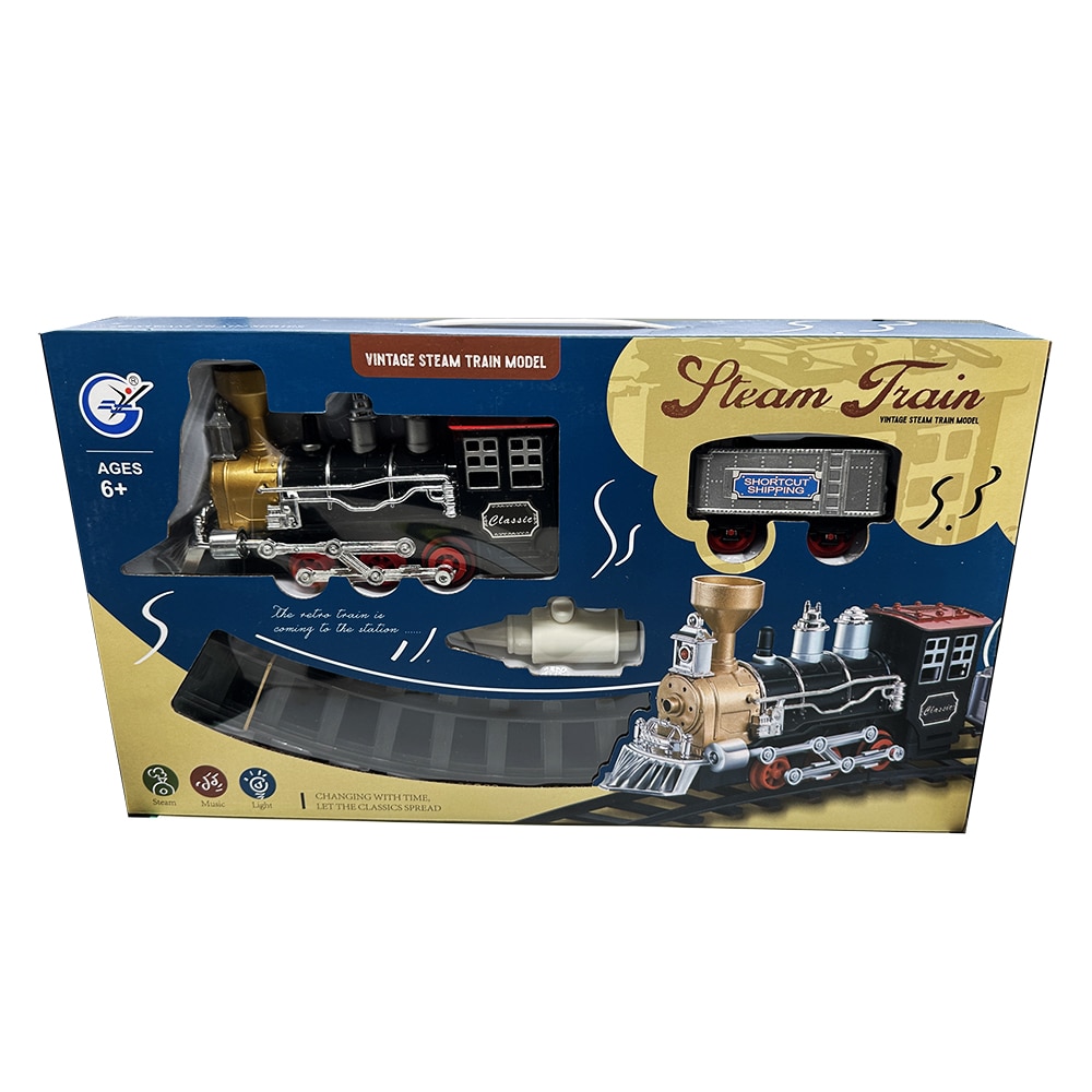 Set Tren electric cu locomotica vintage, un vagon, sunete si lumini ...