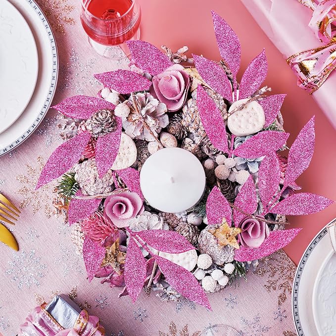 Decoratiuni de Craciun, frunze de maslin imitatie cu sclipici, roz, 10 ...