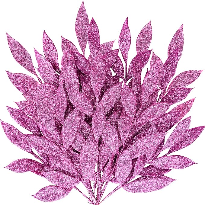 Decoratiuni de Craciun, frunze de maslin imitatie cu sclipici, roz, 10 ...