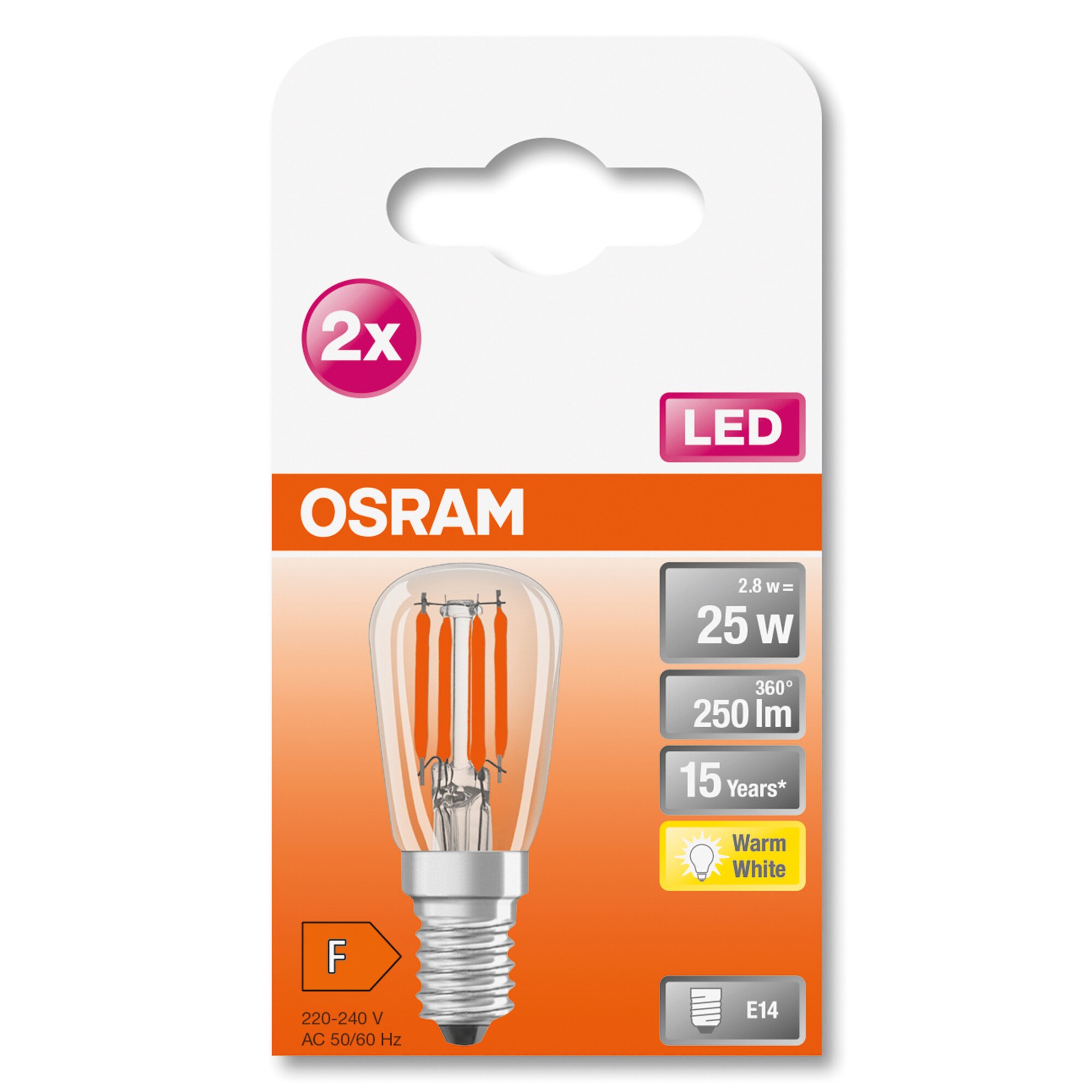 Set 2 becuri LED Osram T26 Filament E14 2.8W (25W), 250 lm, lumina calda (2700K), clasa ...