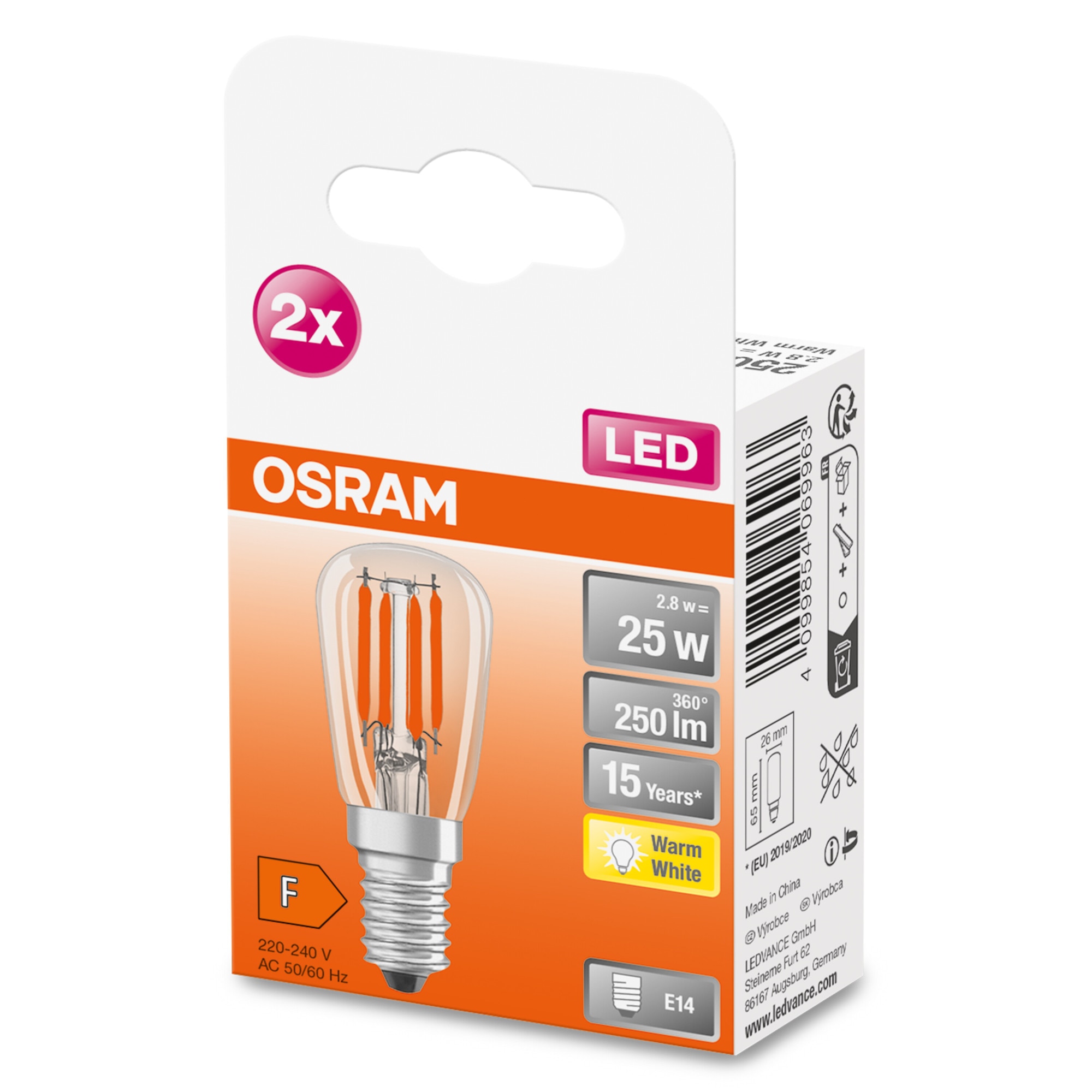 Комплект от 2 крушки Led Osram T26 Filament E14 2 8w 25w 250 лумена