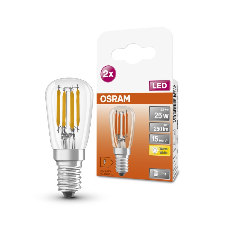 Set 2 becuri LED Osram T26 Filament E14 2.8W (25W), 250 lm, lumina calda (2700K), clasa ...