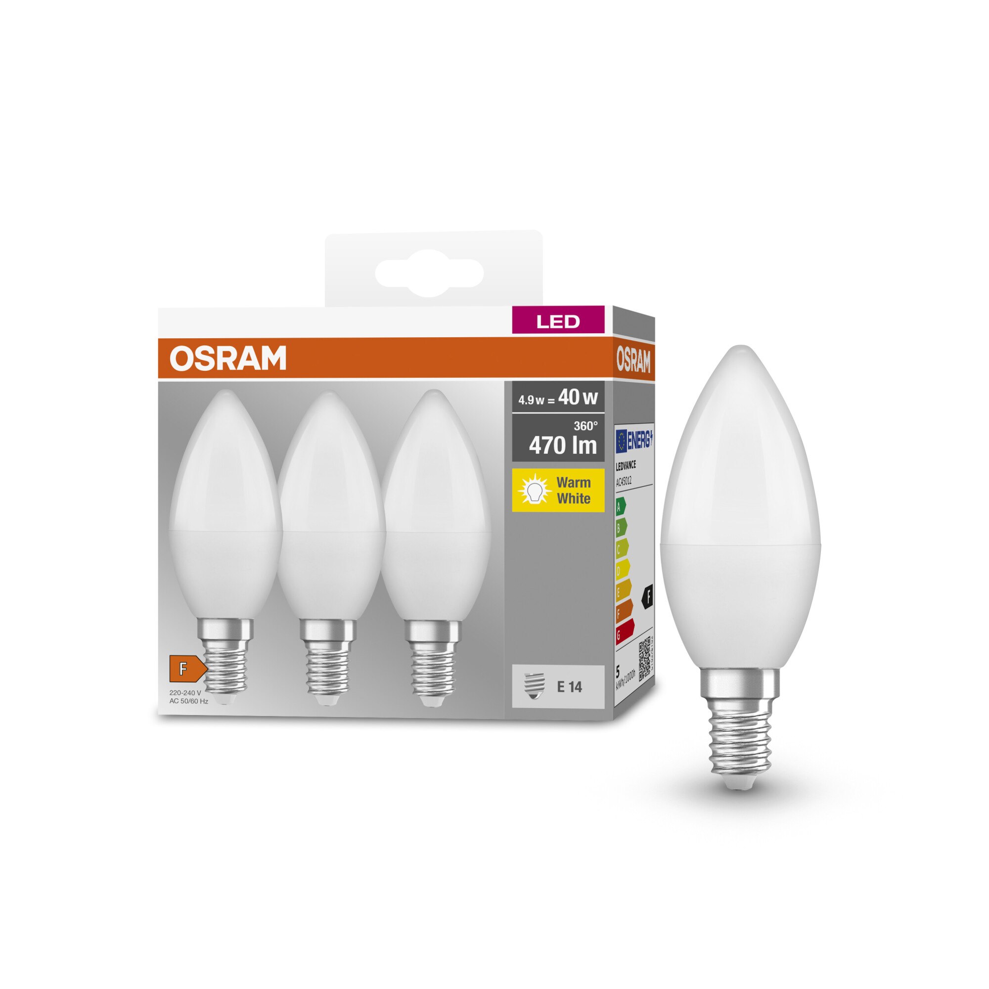 Set 3 becuri LED OSRAM Base Classic B40, E14, 4.9 W (40W), 470 lm, lumina calda (2700K), clasa ...