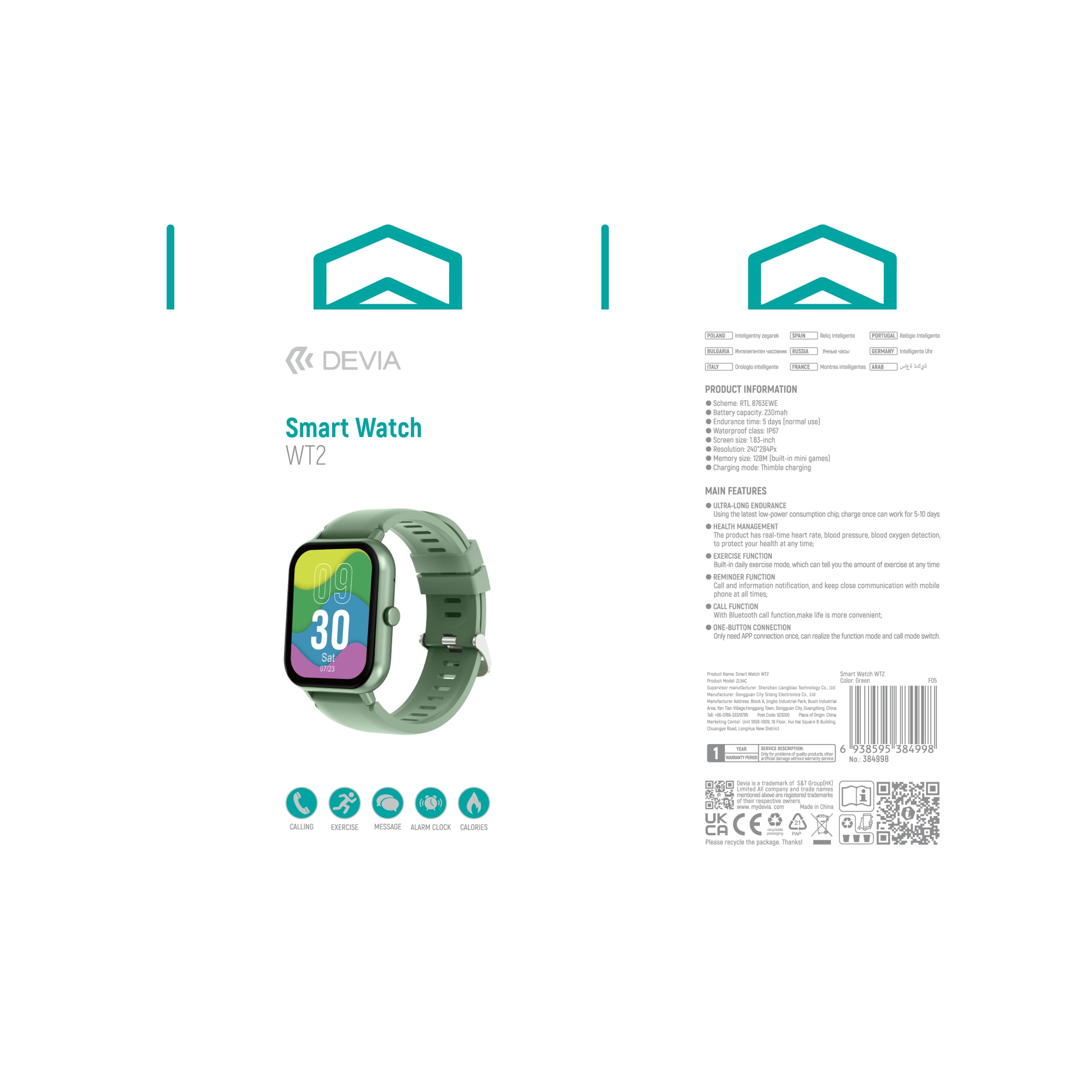 Smartwatch, Devia, WT2, Verde - eMAG.ro
