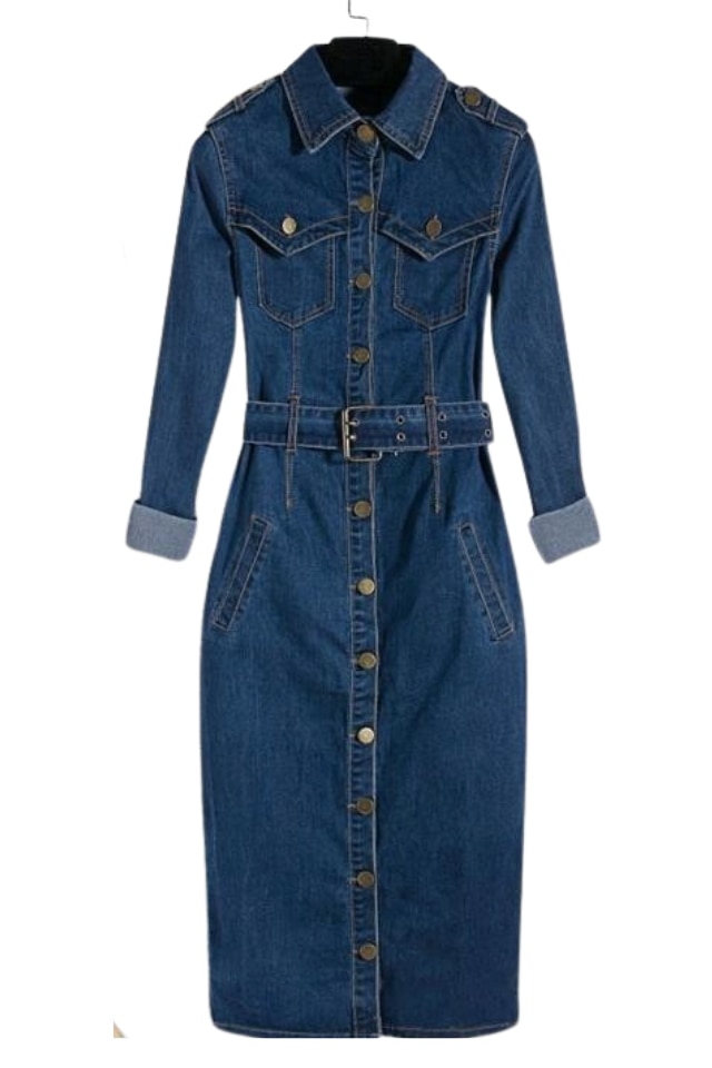 Rochie eleganta din denim, lunga, cu nasturi si curea, marimea L - eMAG.ro