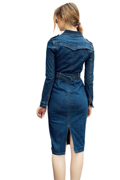 Rochie eleganta din denim, lunga, cu nasturi si curea, marimea M - eMAG.ro