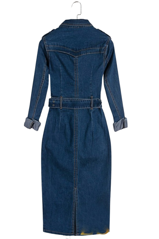 Rochie eleganta din denim, lunga, cu nasturi si curea, marimea M - eMAG.ro