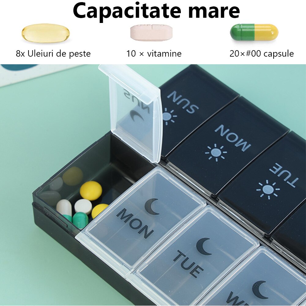 Cutie pentru pastile, 14 compartimente, 7 zile, Amtok, Plastic, Alb ...