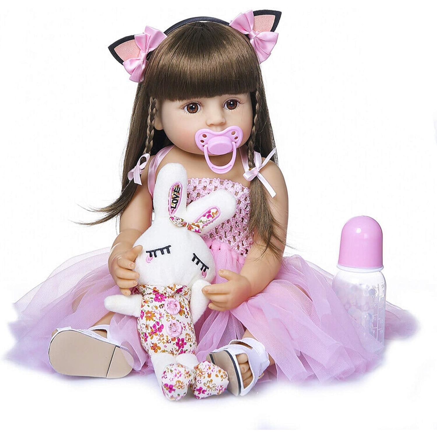 Papusa bebelus, MOSMAOO®, inaltime 55 cm, iepure de jucarie, biberon, 3 ...