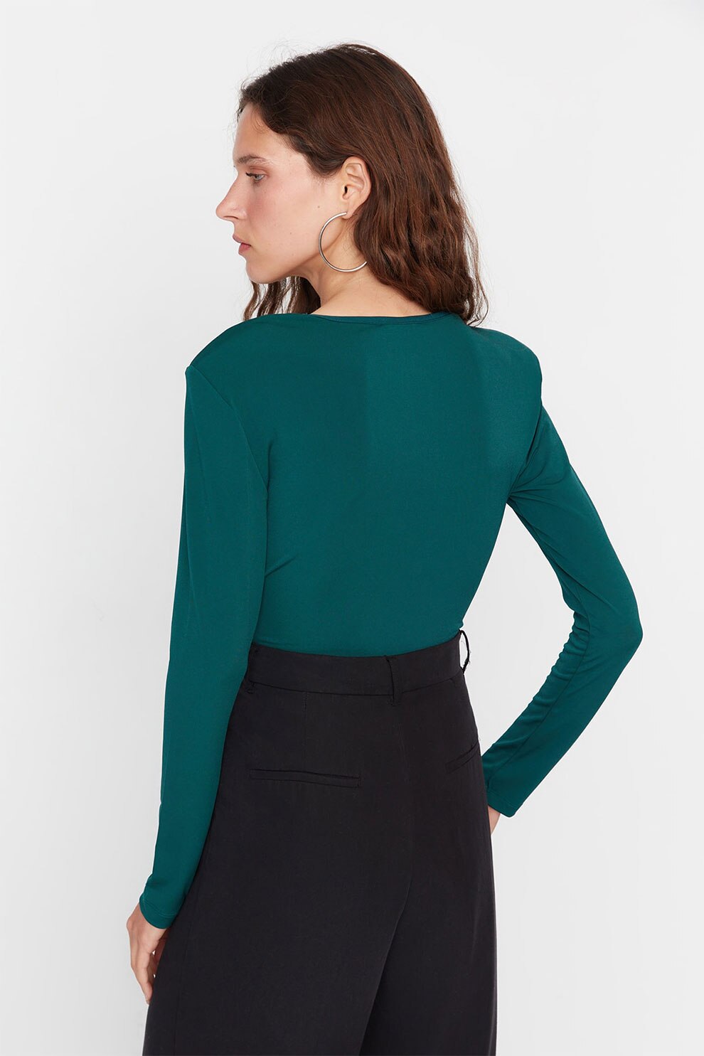 Trendyol, Body slim fit cu model uni si detalii cu fronseuri, Verde ...