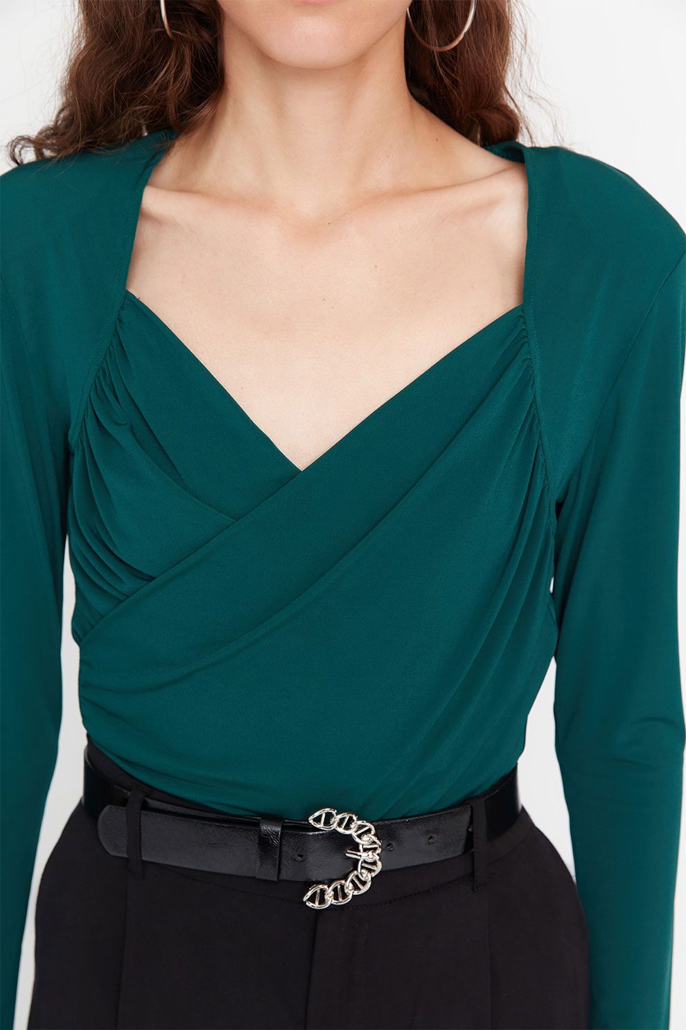 Trendyol, Body slim fit cu model uni si detalii cu fronseuri, Verde ...