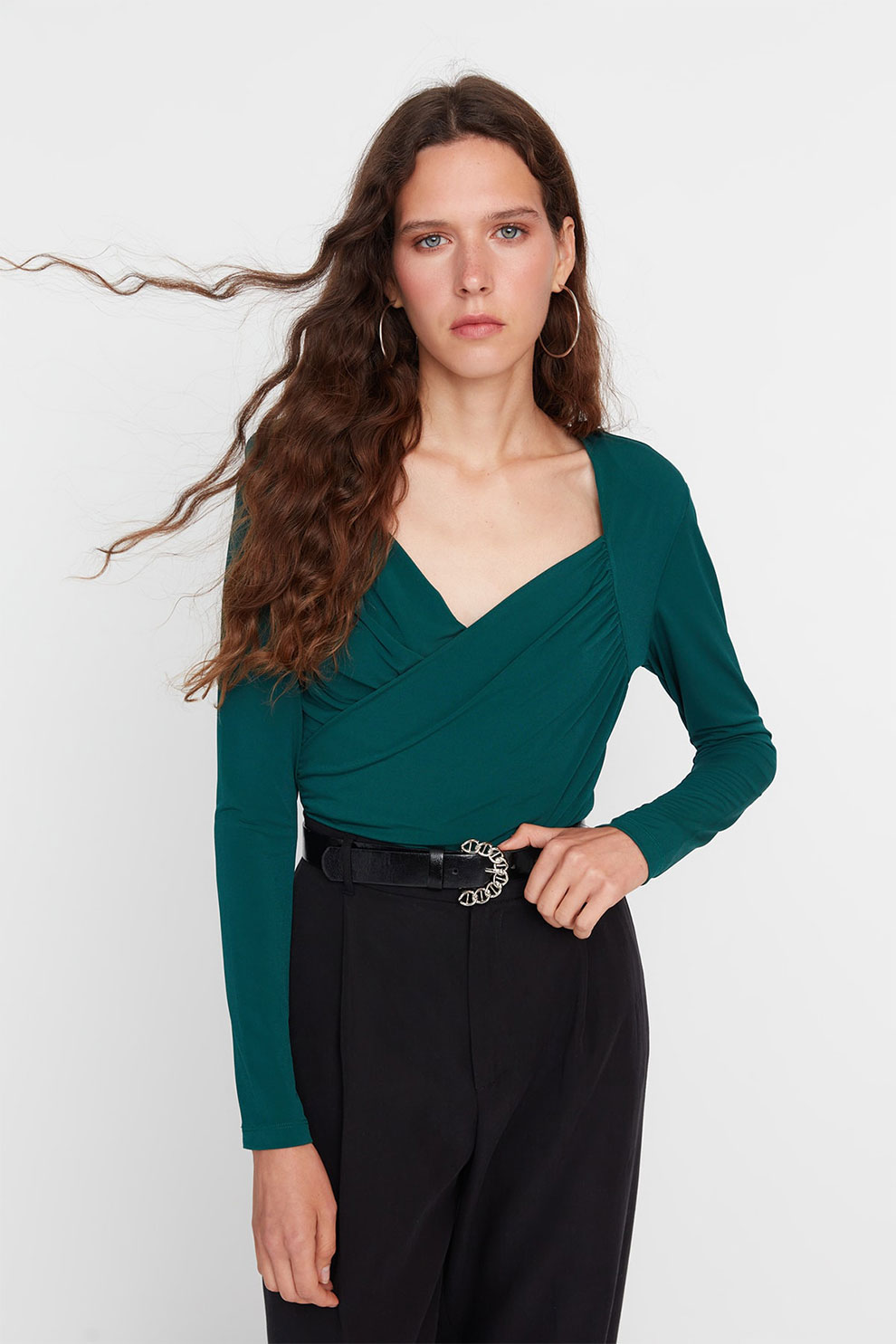 Trendyol, Body slim fit cu model uni si detalii cu fronseuri, Verde ...