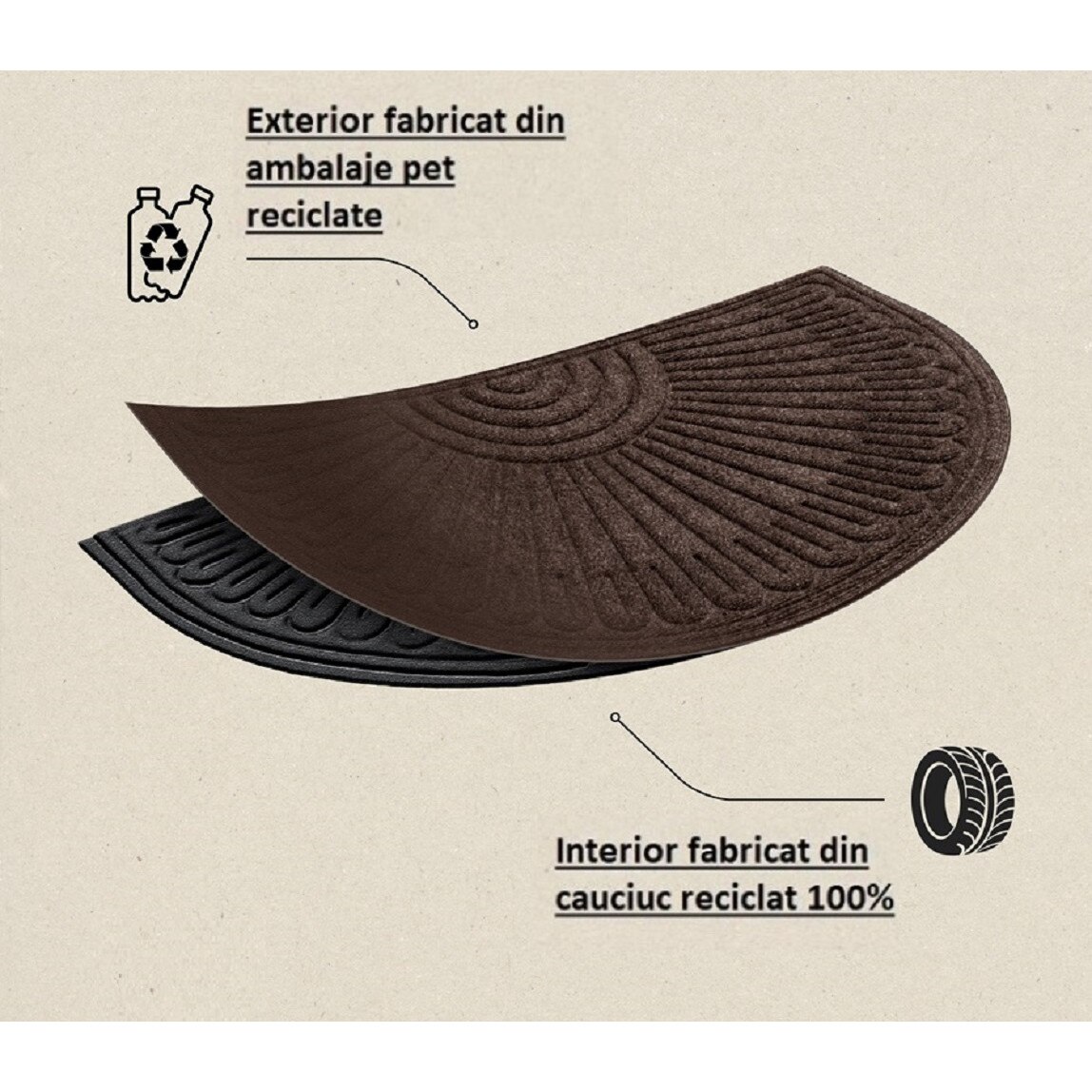 Covor intrare antiderapant Half Moon, semicerc, model abstract, maro ...