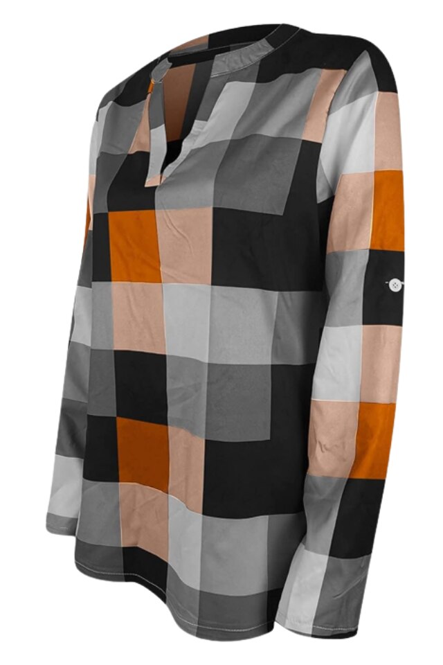 Bluza in carouri, camasa, decolteu in V, model geometric, eleganta ...