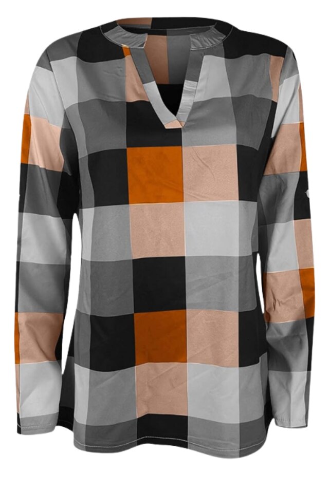 Bluza in carouri, camasa, decolteu in V, model geometric, eleganta ...