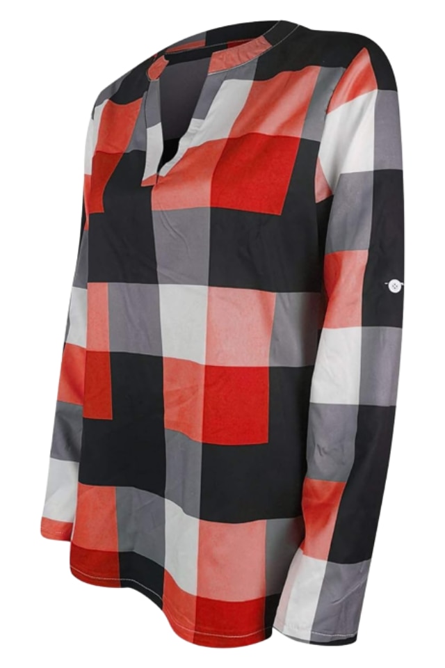 Bluza in carouri, camasa, decolteu in V, model geometric, eleganta ...