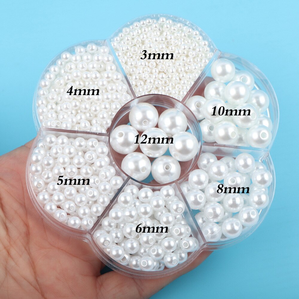 Set 1150 margele de perle, Sunmostar, Plastic, 3/4/5/6/8/10/12 mm, Alb ...