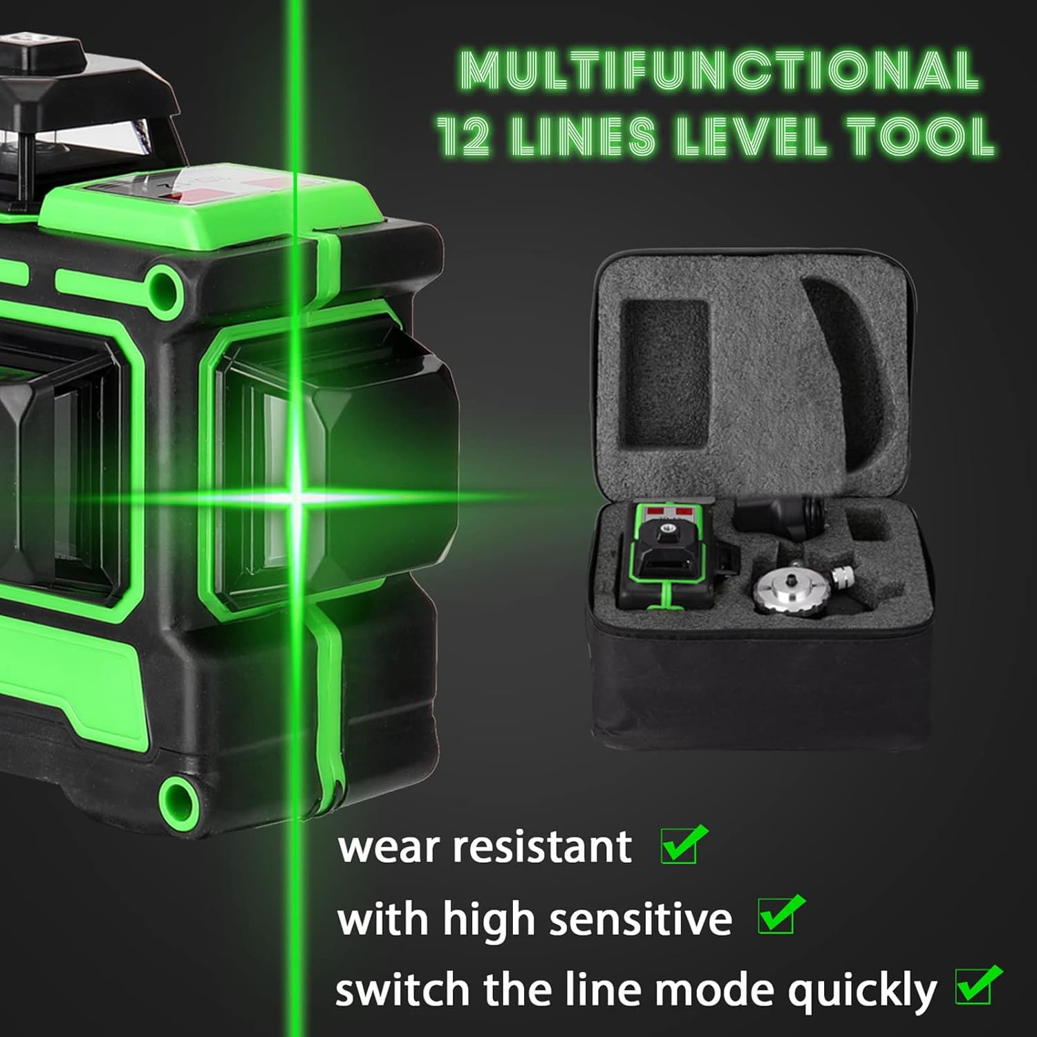 Nivela laser, MOSMAOO®, 12 Linii, Trepied 120 cm, Negru/Verde - eMAG.ro