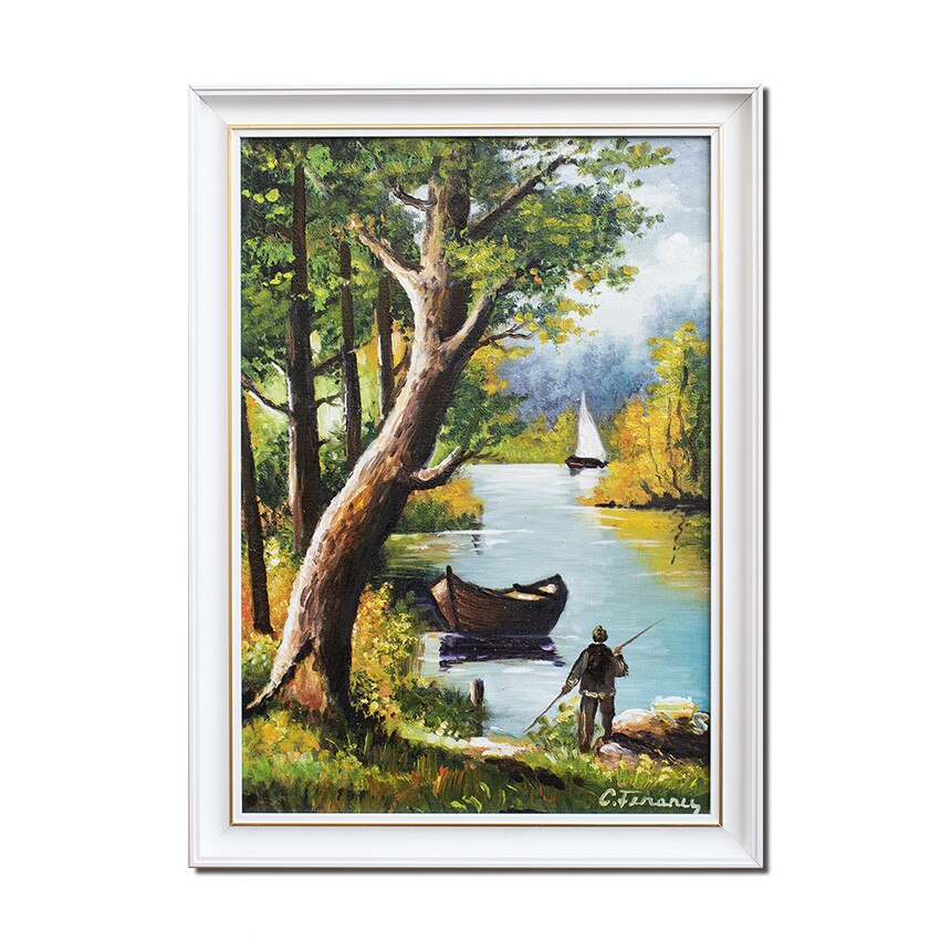 Tablou pictat manual inramat Artnova, Peisaj cu iola si pescar, 55x40cm pictura ulei panza - eMAG.ro