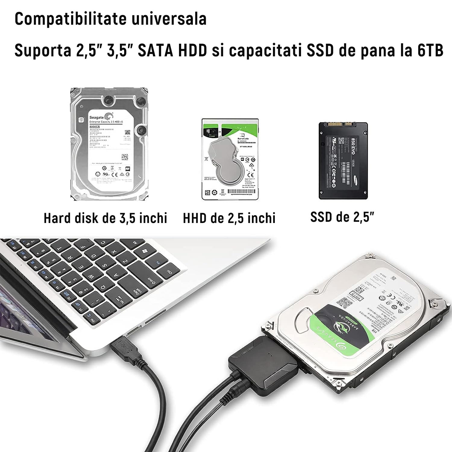 Adaptor USB 3.0 la SATA, Pentru SSD/HHD 2.5/3.5 inch, Cu sursa de ...