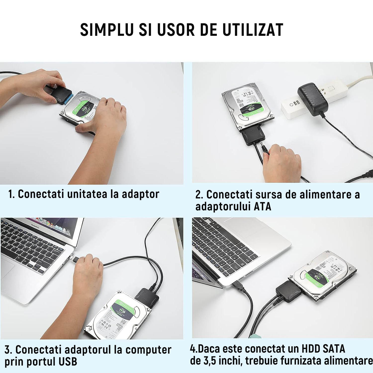 Adaptor USB 3.0 la SATA, Pentru SSD/HHD 2.5/3.5 inch, Cu sursa de ...