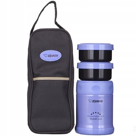 Set termos pentru alimente cu husa si 2 recipiente, Zojirushi, Inox ...