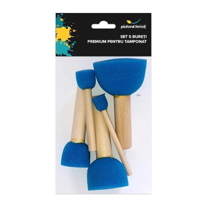 Set 5 bureti, forma rotunda, Pictorul Fericit, tehnica tamponare, maner ...