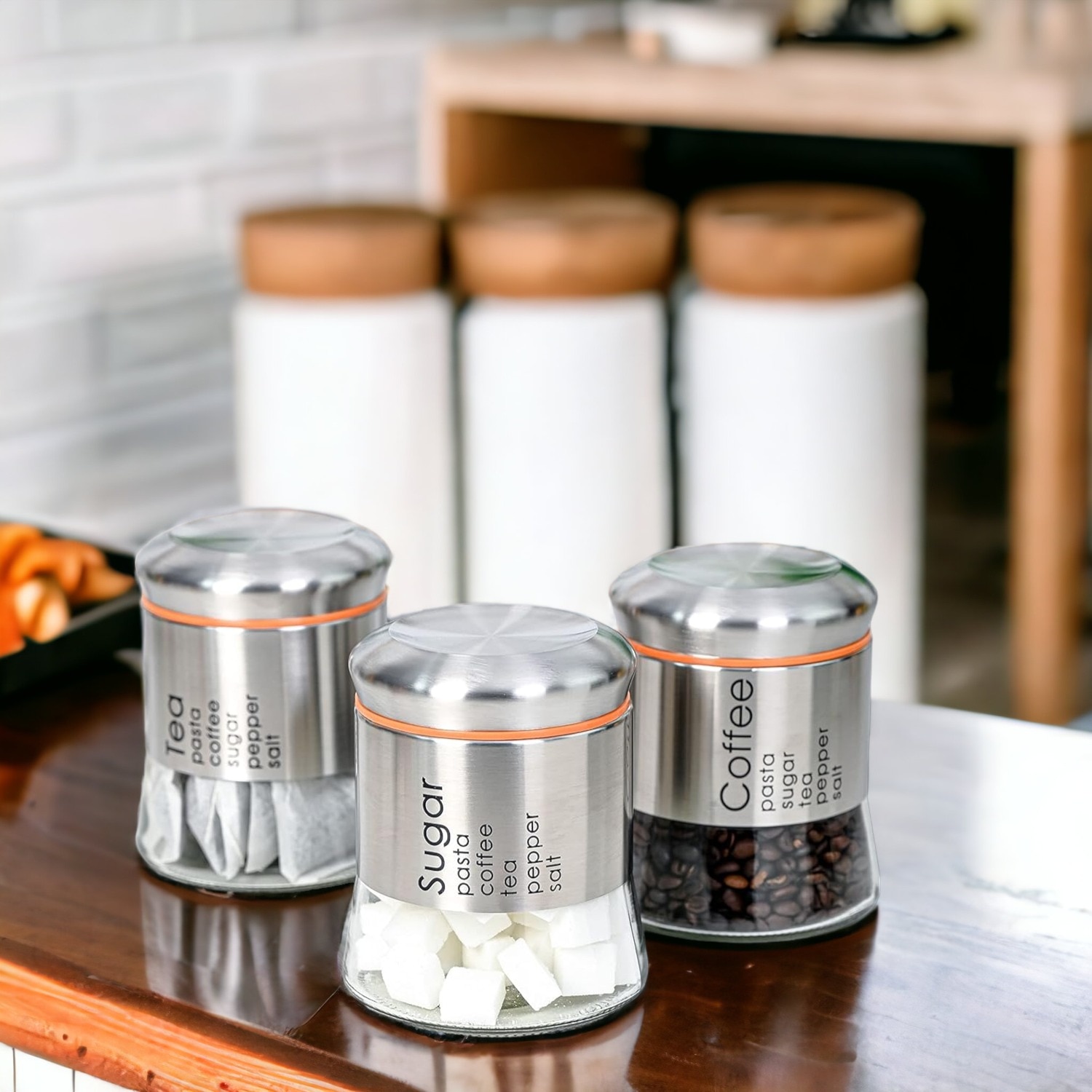 Set 3 borcane pentru condimente, ceai, zahar, paste, material sticla si ...