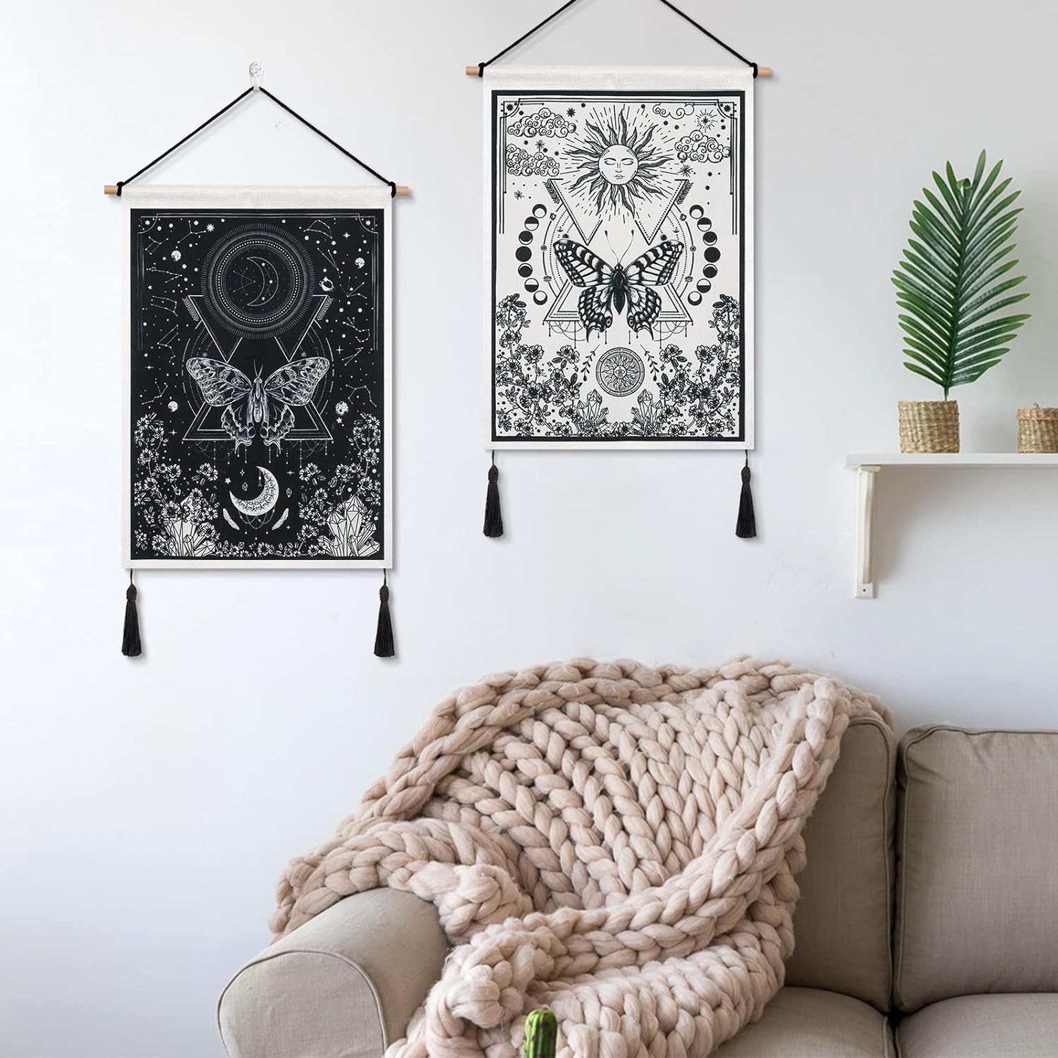 Set 2 decoratiuni perete, Sunmostar, Luna si Soare, Bumbac/Poliester ...