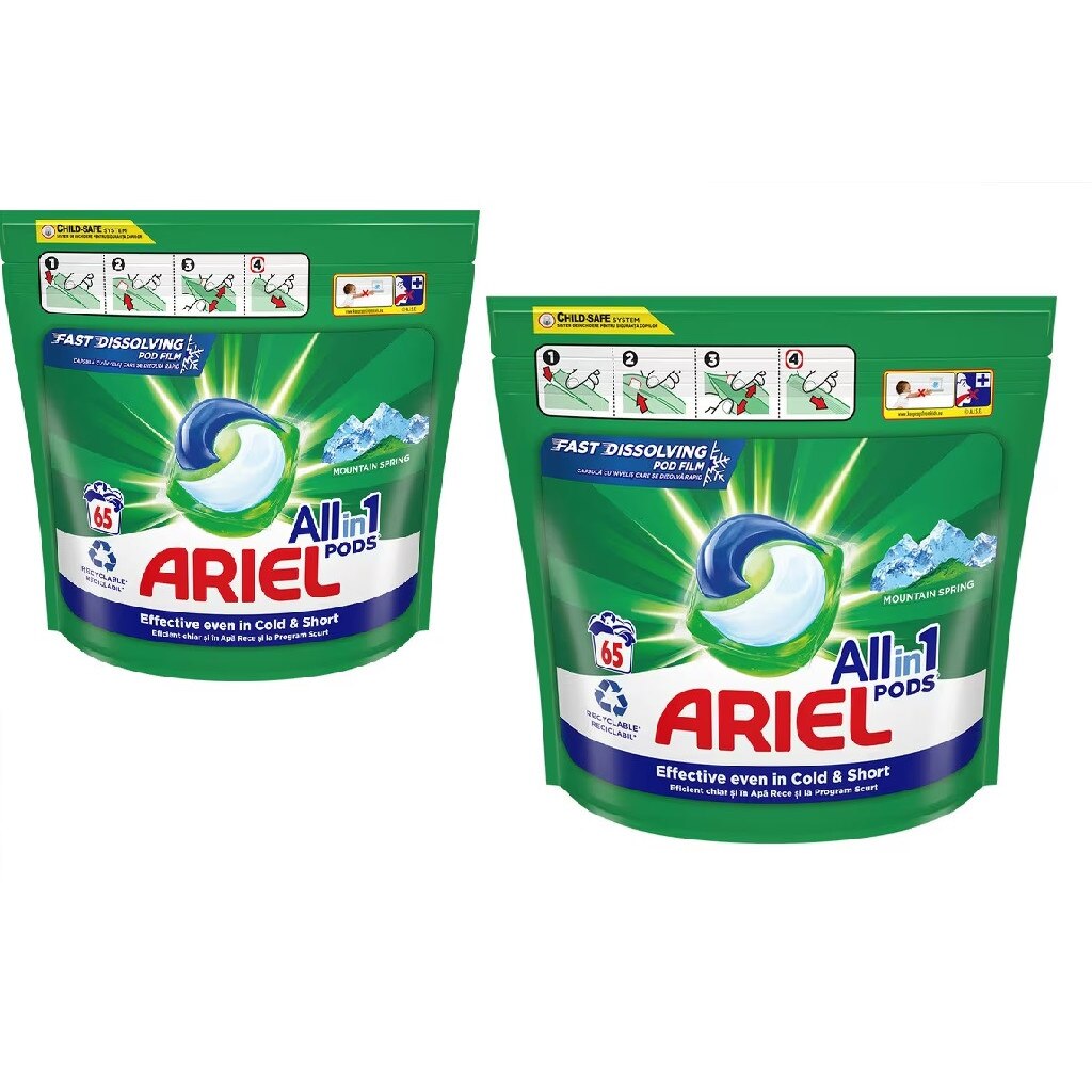 Detergent de rufe capsule Ariel All in One PODS Mountain Spring, 2x65 buc, 130 spalari - eMAG.ro