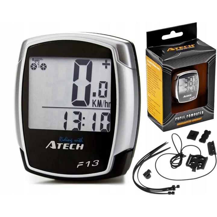 Computer cu fir pentru biciclete, Atech, 13 functii, 20-28", Negru/Gri ...