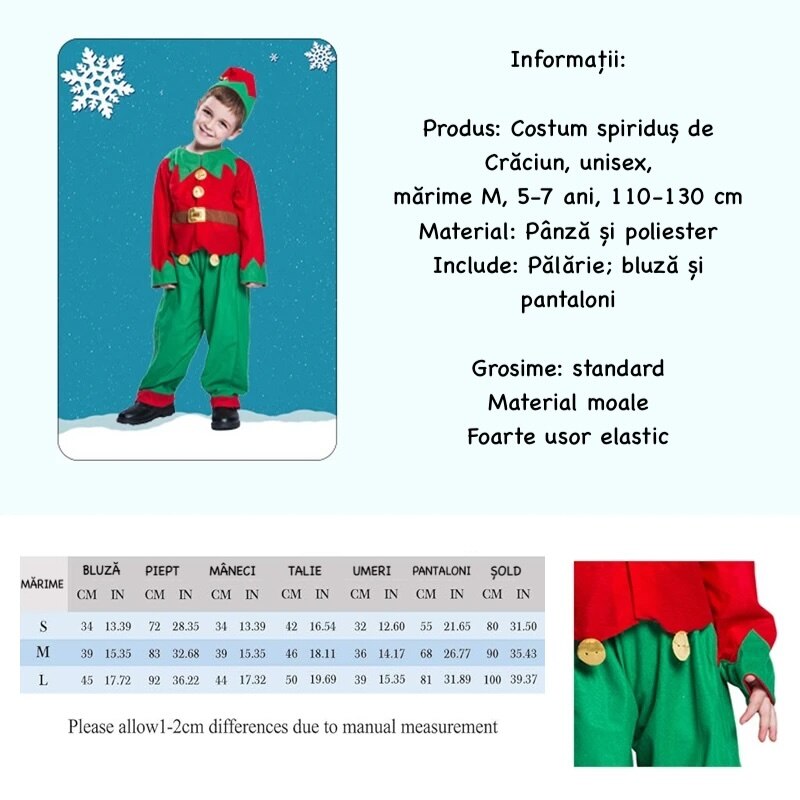 Costum spiridus de Craciun, unisex, marime M, 5-7 ani, 110-130 cm - eMAG.ro