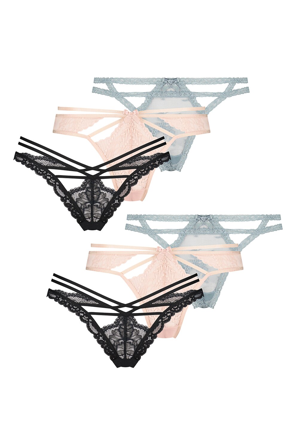 Hunkemoller, Дантелени бикини с отвори - 6 чифта, Черен, Розов, Син, L ...
