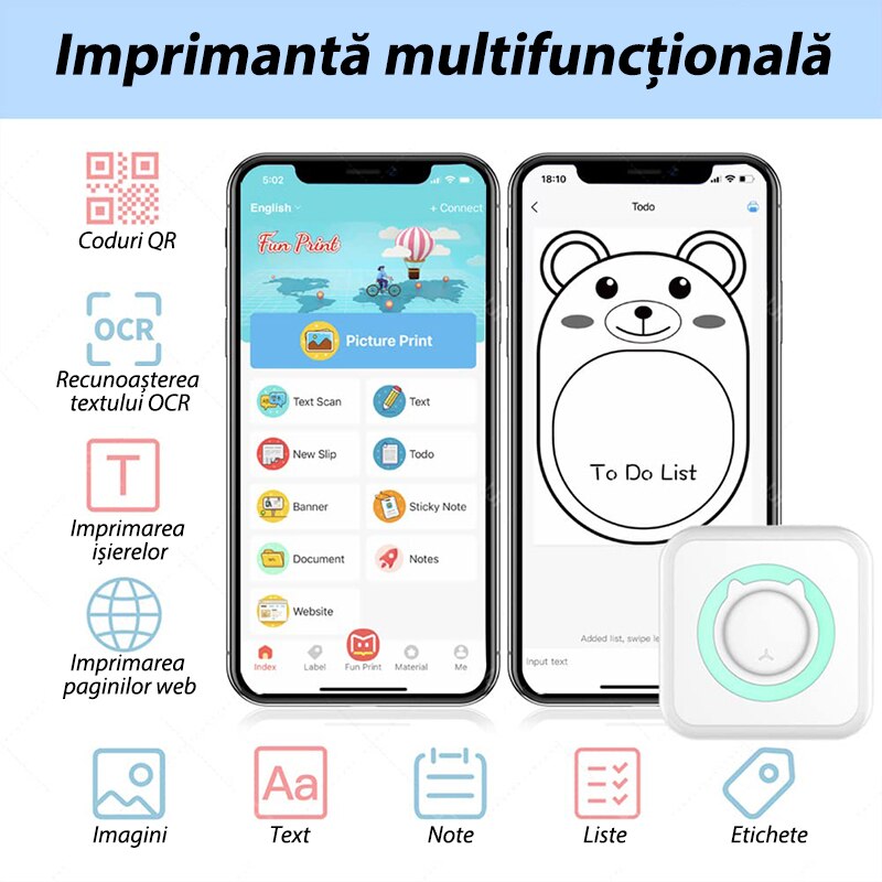 Kit mini imprimanta termica, Bolongking, 19 bucati, control prin APP ...