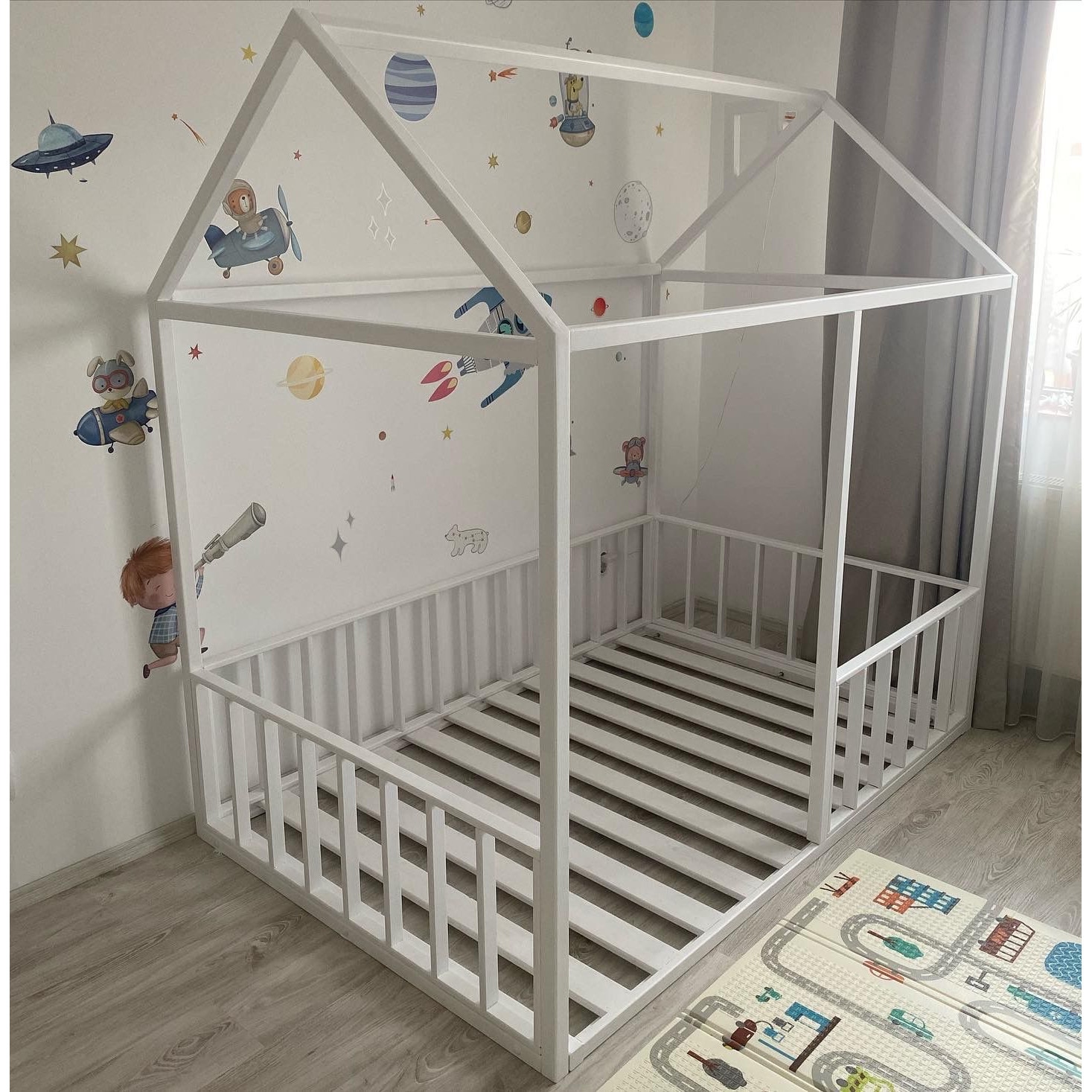 Pat tip Montessori pentru copii, 180 x 190 x 120 cm, Lemn masiv, Alb ...