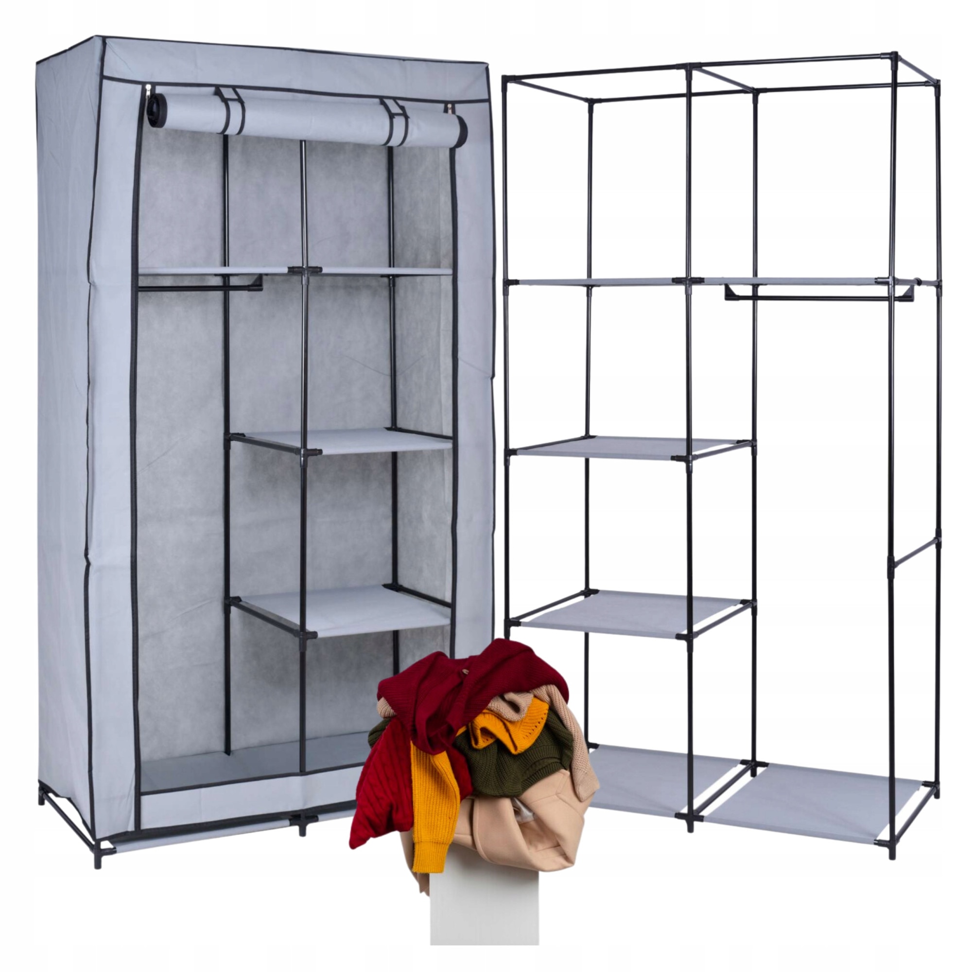 Dulap din material textil, Cadru metalic, 45 x 90 x 170cm, Gri/Negru ...