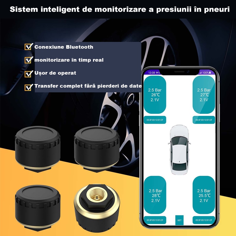 Monitorizarea presiunii in pneuri prin Bluetooth, Negru - eMAG.ro