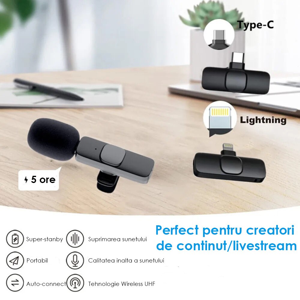 Set 2 Microfoane Tip Lavaliera HGMPrime®, 2 in 1, Compatibilitate USB-C ...