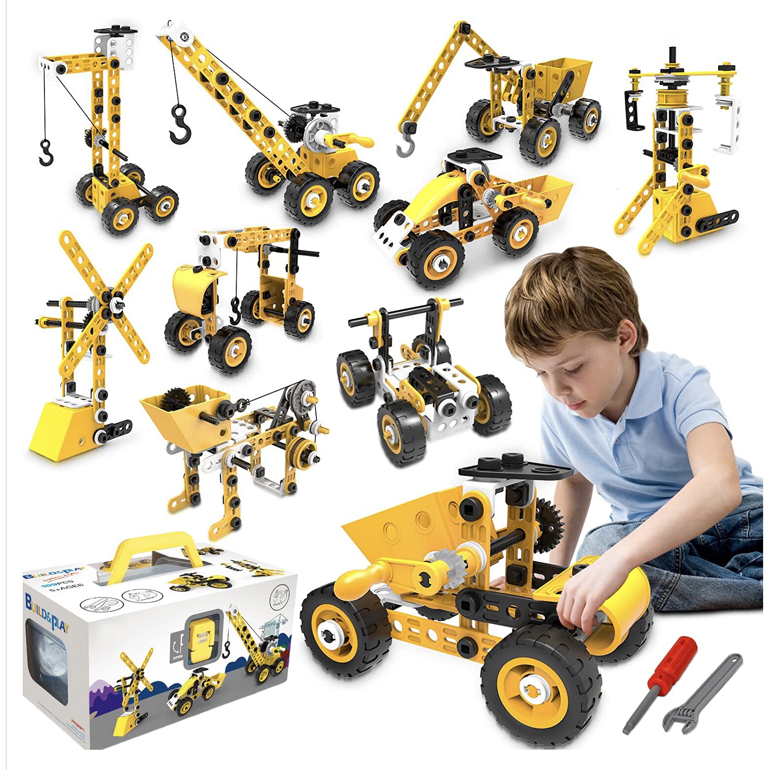 Jucarie interactiva de construit utilaje, set 8 in 1, 100 piese de tip ...