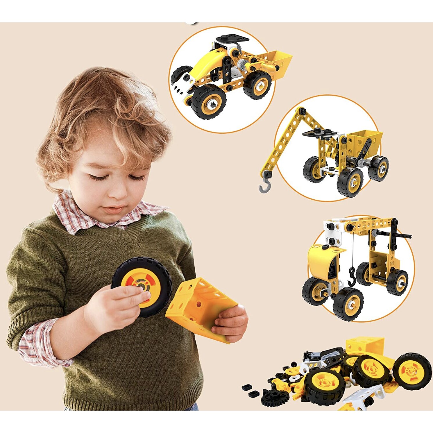 Jucarie interactiva de construit utilaje, set 8 in 1, 100 piese de tip ...